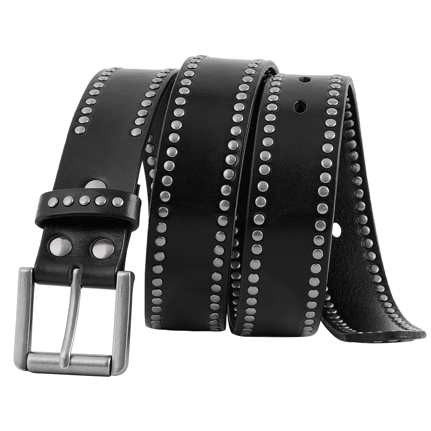 FIORETTO Mens Studded Genuine Leather Belts For Jeans Vintage Retro Circle Rivets Belt With Buckle Black