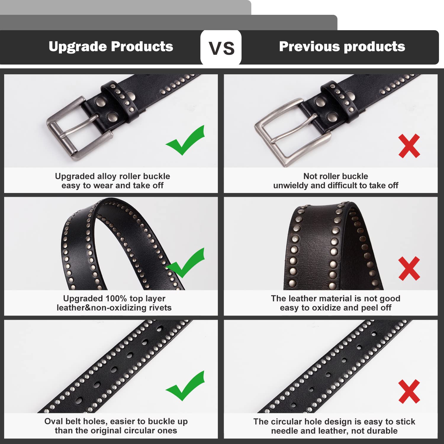 FIORETTO Mens Studded Genuine Leather Belts For Jeans Vintage Retro Circle Rivets Belt With Buckle Black