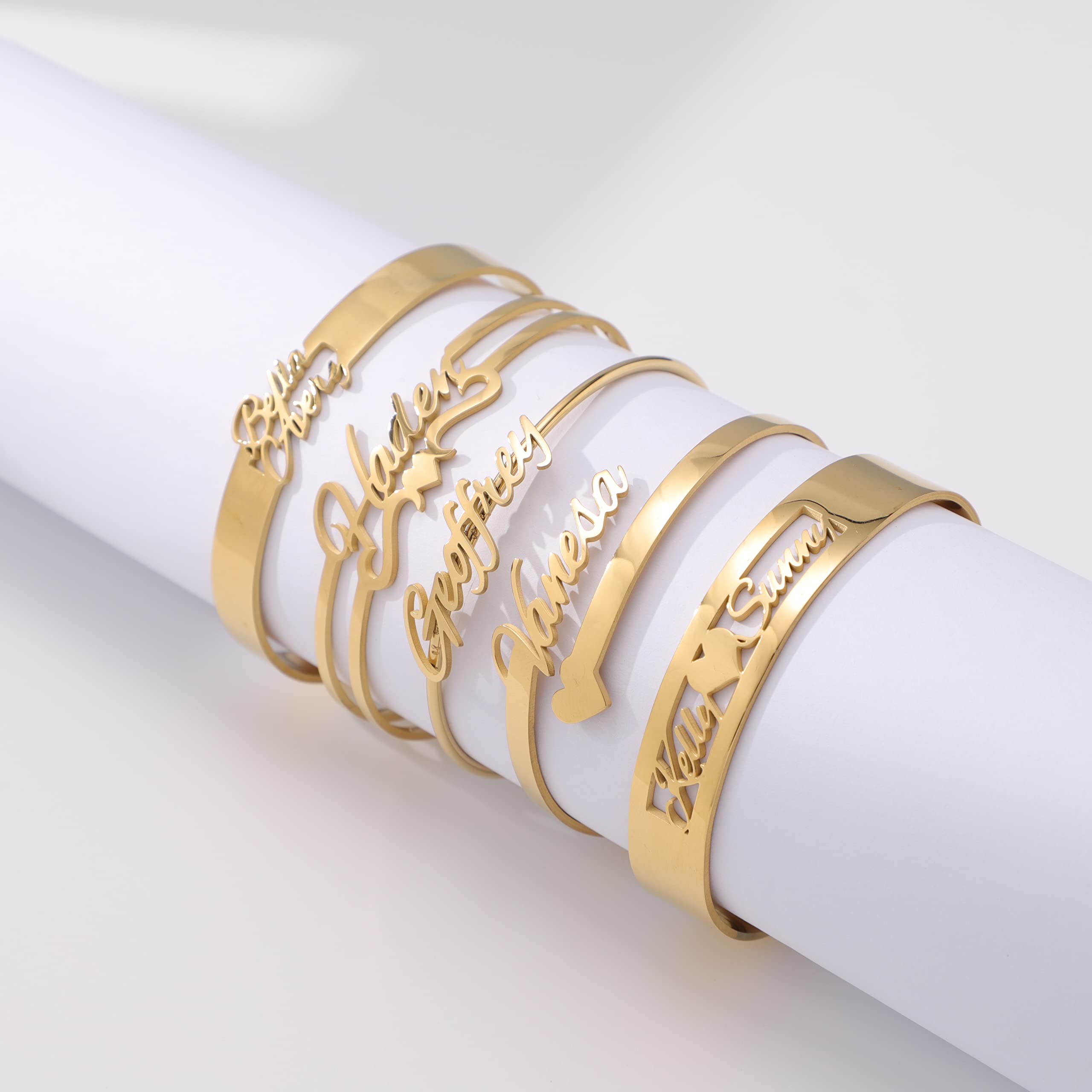 Jecivila Personalized Name Bracelets, 18K Gold Custom Engraved Name Cuff Bangle Bracelets for Women, Mom, Daughter, Personalized Jewelry Gifts for Her