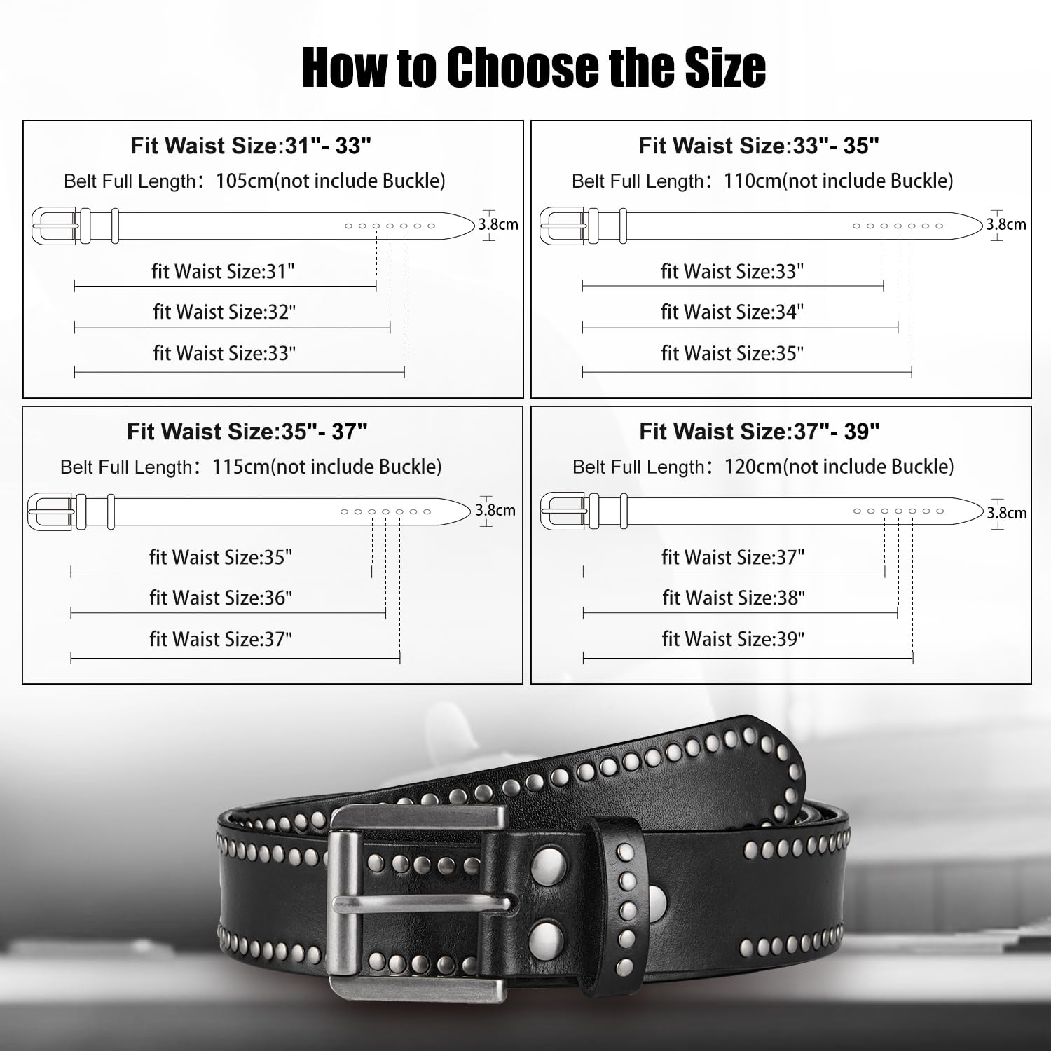 FIORETTO Mens Studded Genuine Leather Belts For Jeans Vintage Retro Circle Rivets Belt With Buckle Black