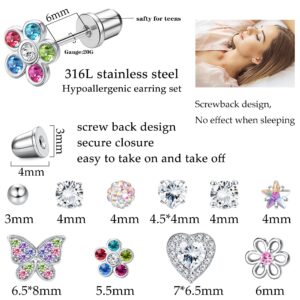 SAILIMUE 10 Pairs Hypoallergenic Screwback Earrings for Women 316L Stainless Steel Heart CZ Screw Back Earring Studs Multicolored Butterfly Flower Stud Earrings Set