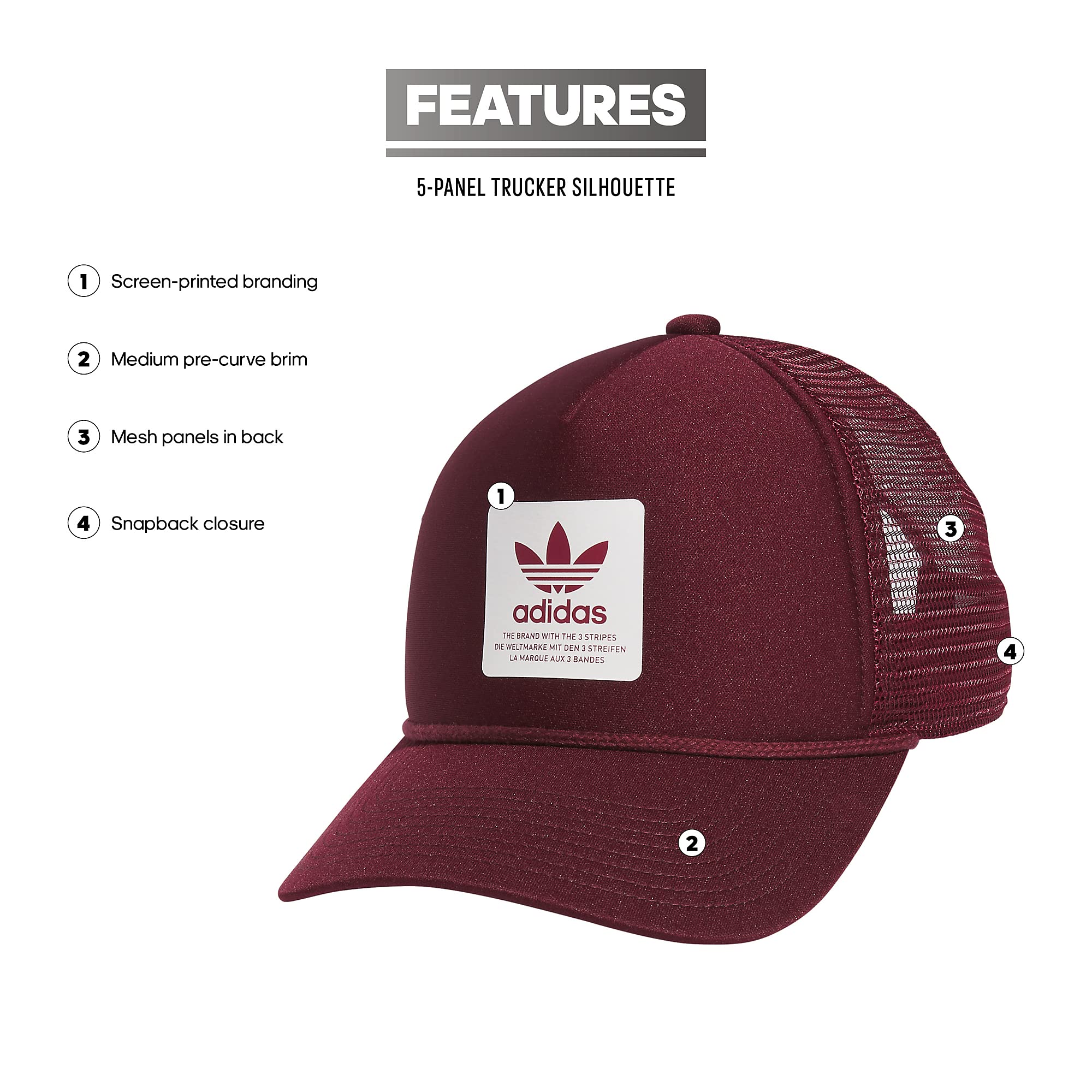 adidas Originals Dispatch Trucker 5-Panel High Crown Mesh-Back Adjustable Strapback Cap, Shadow Red/White, One Size