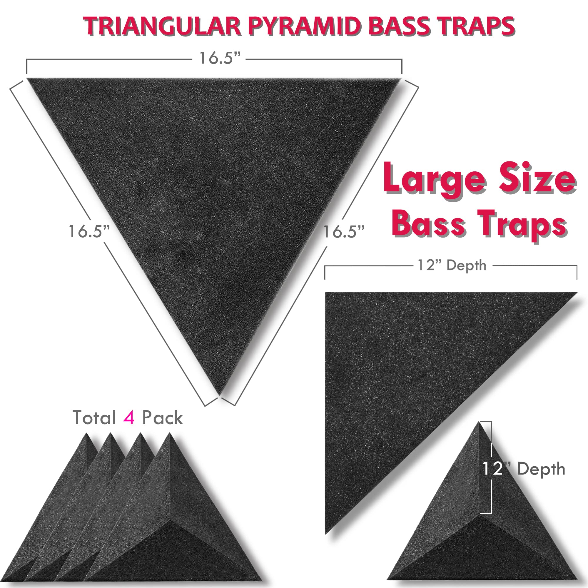 Foroomaco 4 Pack Bass Traps for Ceiling Corner 16.5" Triangle 12" Depth Triangular Pyramid Acoustic Foam Bass Trap Sound Proofing for Home Studio Booth Low to High Frequency Sound Absorption Foam