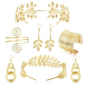 yadoca 6 pcs greek goddess costume accessories set for women gold laurel leaf crown headband upper arm cuff coil bracelet pearl dangle earring bridal bridesmaid wedding headpiece toga costume jewelry