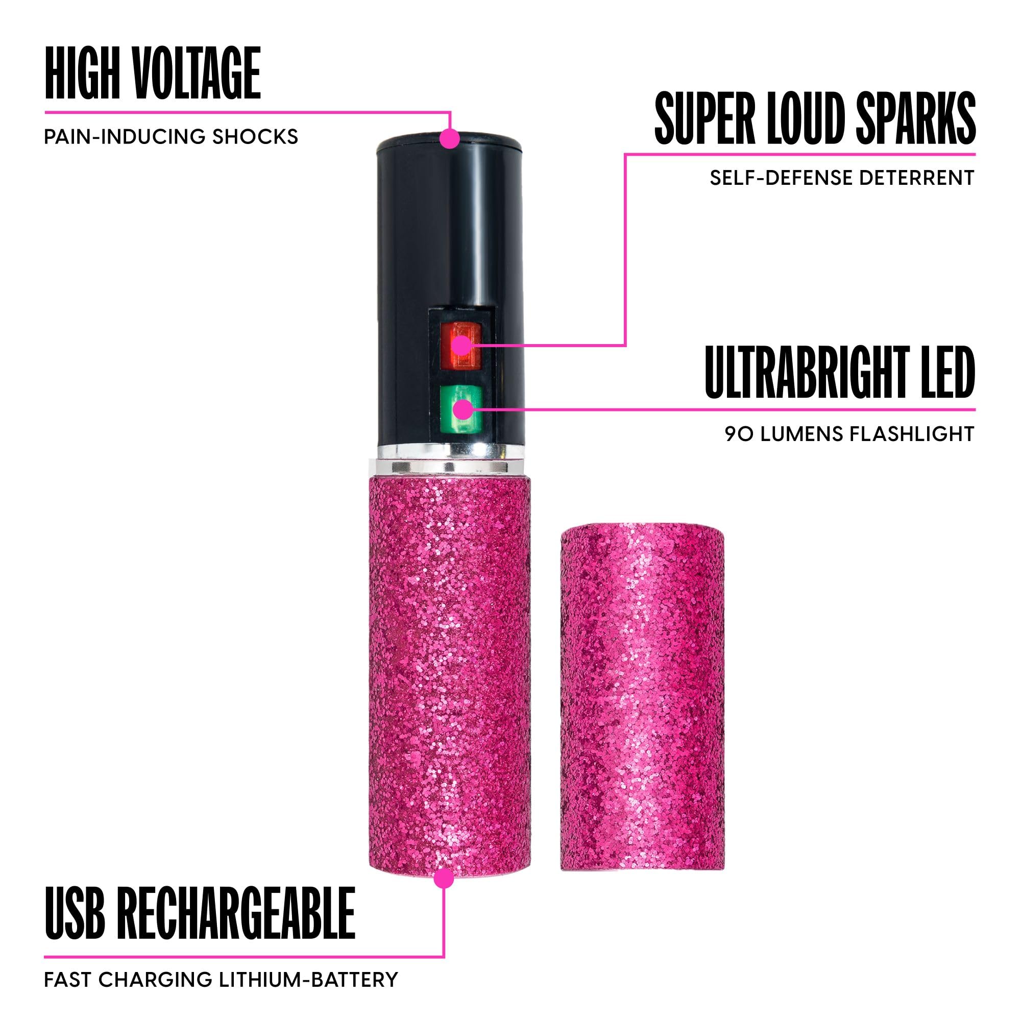 BLINGSTING Mini Lipstick Stun Gun for Women Self Defense with Flashlight & USB Rechargeable Battery, Pink