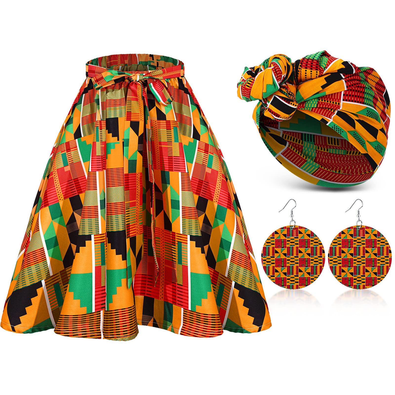 Coume 3 Pcs Women African Dashiki Skirt Traditional Costume African Bohemian Head Wrap Scarf Drop Dangle Earring (XX-Large)