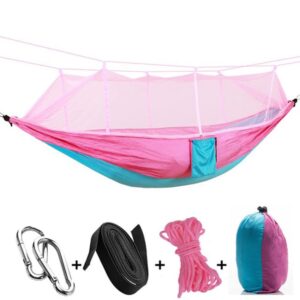 camping hammock with mosquito net,1-2 lightweight portable outdoor camping hammock nylon hammock tent with tree straps for indoor, camping, hiking, backpacking, beach,backyard,pink and sky blue