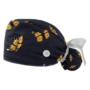 yellow butterfly black background working caps with buttons, long hair scrub hats ponytail holder for women