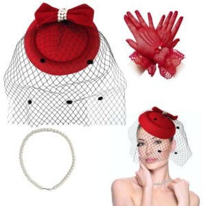 cenbee women's fascinators veil and retro charming mesh hat with lace gloves imitation pearl necklace,suitable for 1920s or 1950s vintage tea party cocktail hall wedding church derby hat set. red