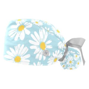 mersov little daisy white flowers light blue working cap with button & sweatband, 2 packs reusable surgical surgery hats ponytail holder, light blue,white, medium-3x-large