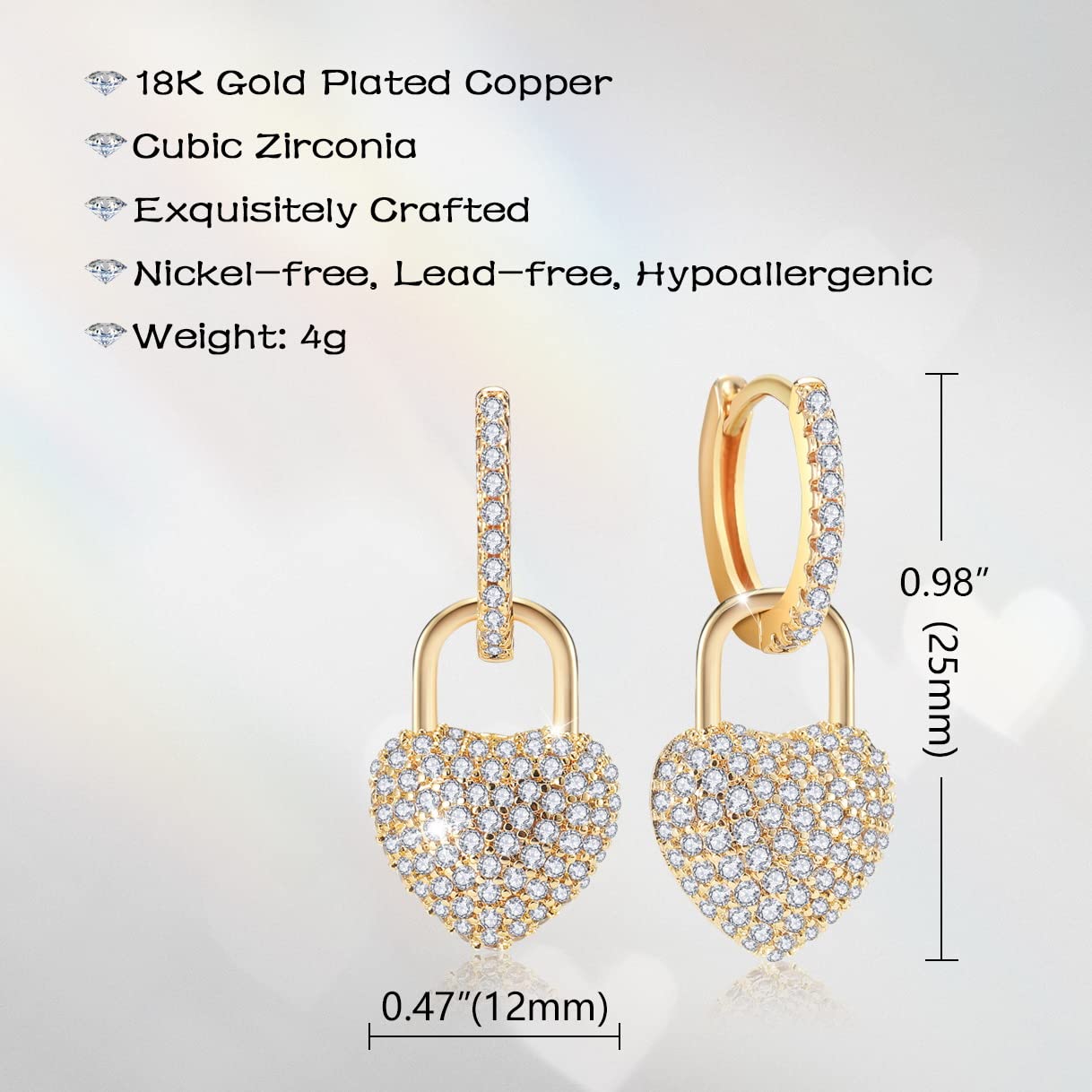 18K Crystal Heart Hoop Earrings for Women with Locket Design, White Crystal Cubic Zirconia Dangling Earrings Fine Jewelry Gifts for Her (Silver)