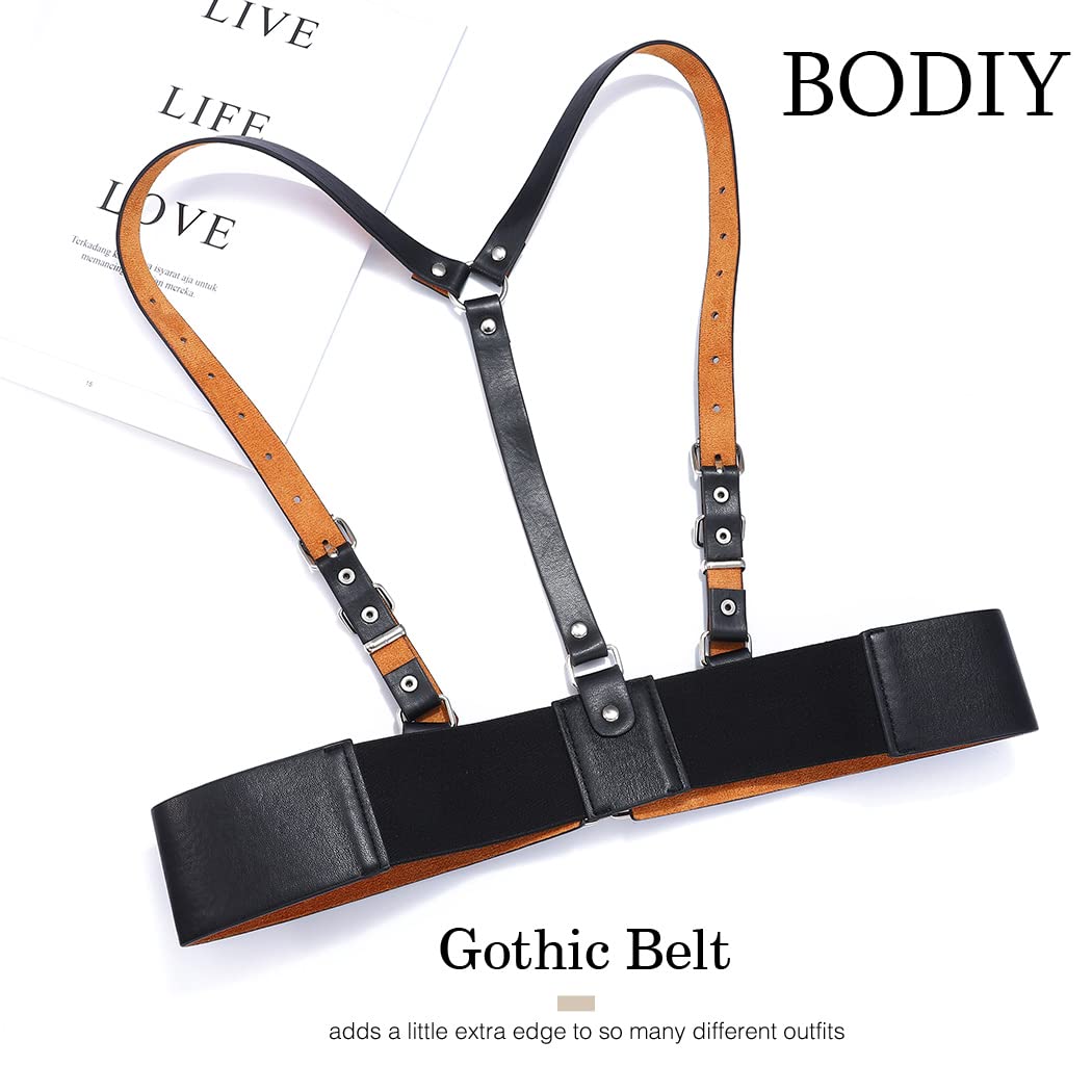 BODIY Punk Waist Belt Fashion Strap Gothic Black Leather Wide Waist Belts Elastic Rave Cosplay Halloween Body Chain Accessory for Women and Girls