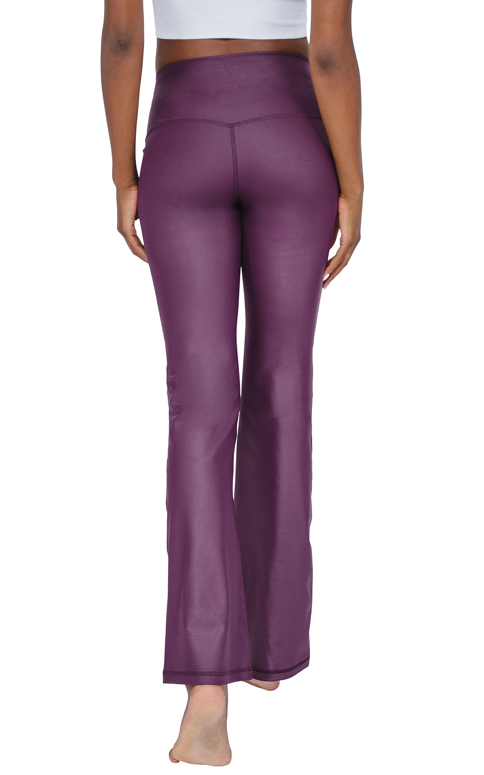 90 Degree By Reflex Faux Leather Flared Leg Yoga Pants - Squat Proof Interlink V-Back Cire Leggings - Potent Purple - Small