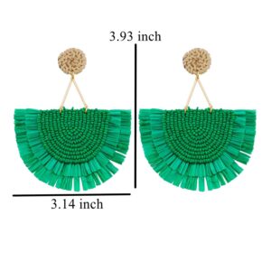 COIRIS Bohemia Beaded Fringe Statement Earrings with Long Dangling Tassel Raffia Earrings for Women(ER1183-Green Big)