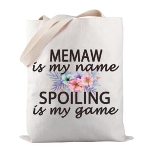 pwhaoo memaw grandma gift memaw is my name spoiling is my game tote bag canvas best memaw ever shopping bag (spoiling memaw tote)