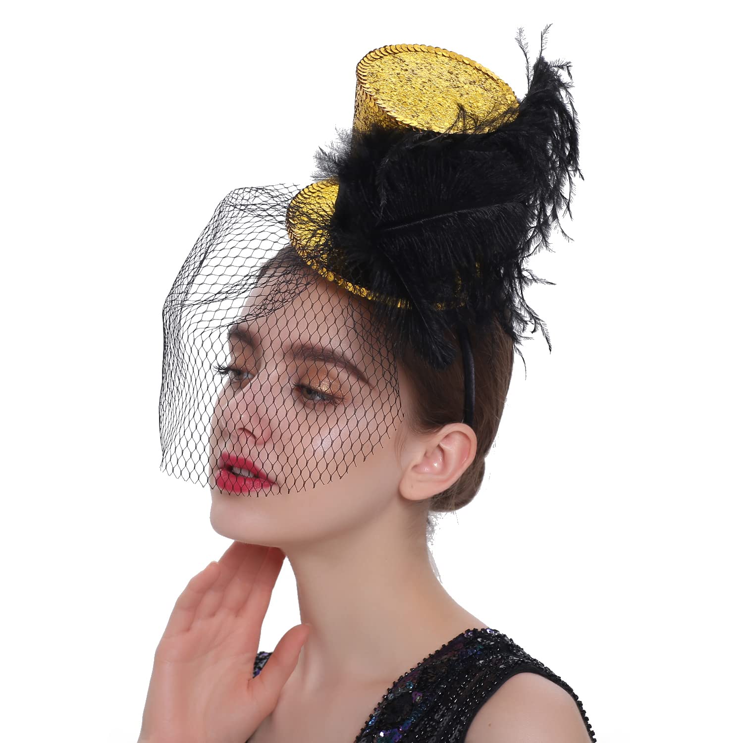 Comott Mini Top Hat Headband Fascinator Ostrich Feather Top Hat for Derby Tea Party Gold