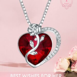 SILVERKITY 925 Sterling Silver Rose Flower Heart Birthstones Necklace for Women with Austria Crystal, Pendants Gifts, Anniversary Birthday Jewelry Gift for Wife Mom Daily Wear