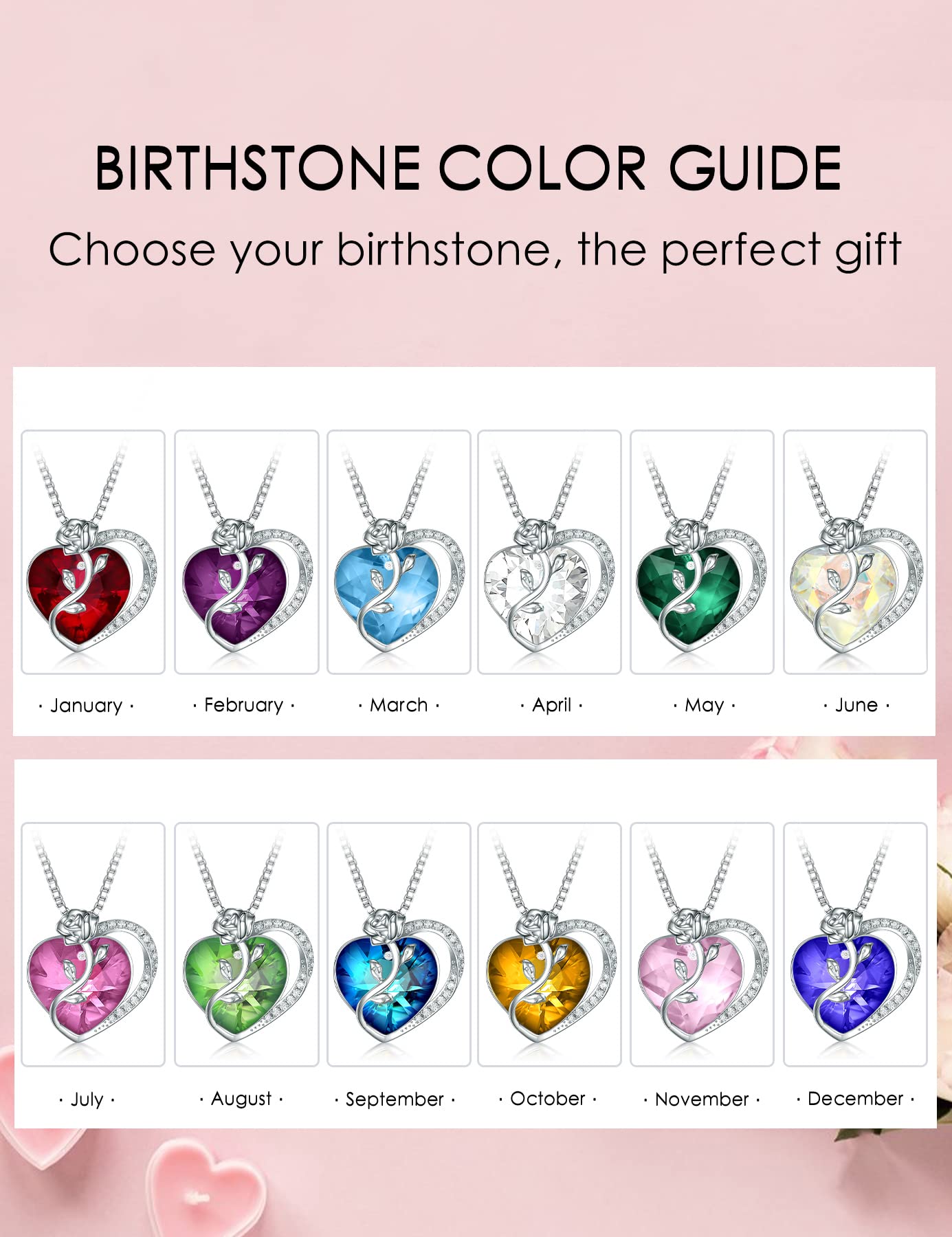 SILVERKITY 925 Sterling Silver Rose Flower Heart Birthstones Necklace for Women with Austria Crystal, Pendants Gifts, Anniversary Birthday Jewelry Gift for Wife Mom Daily Wear