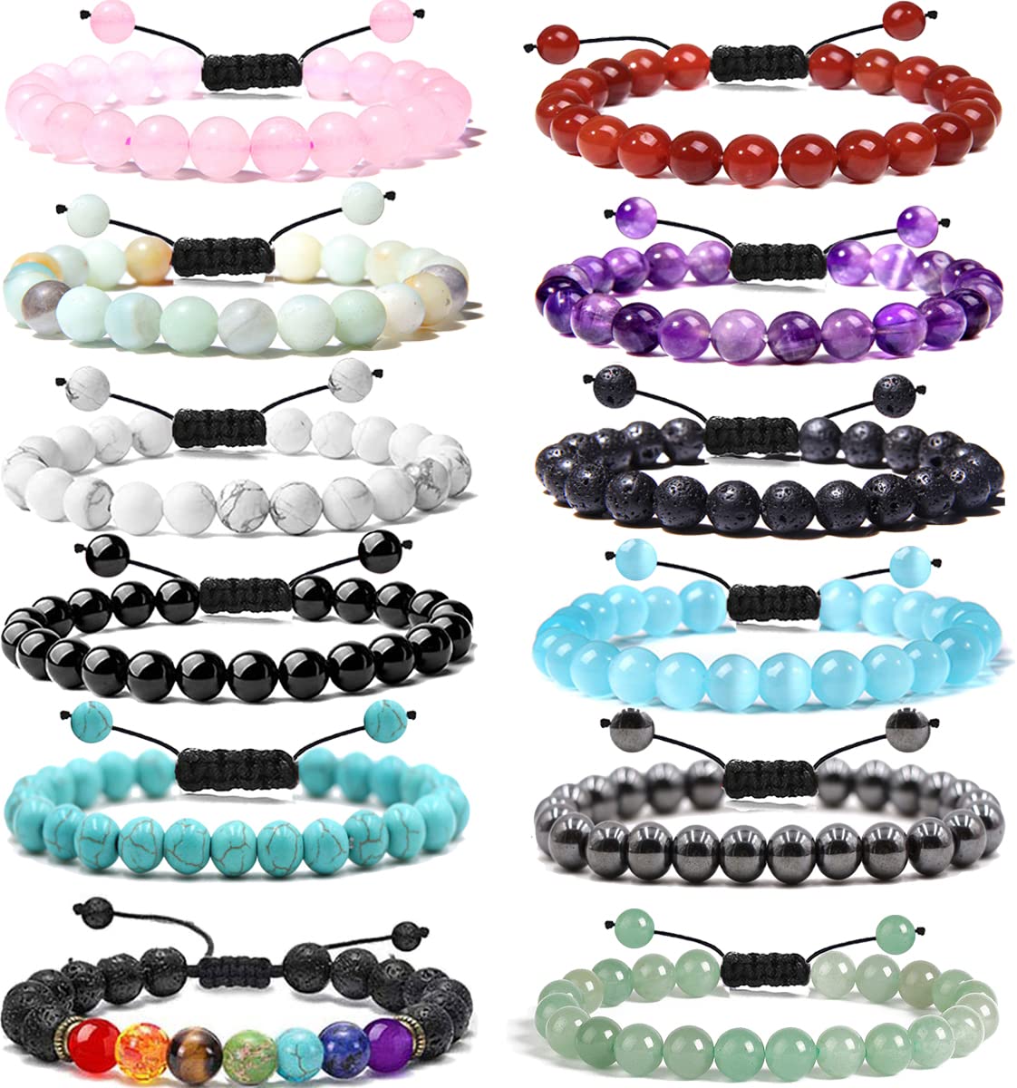 JEWPARK 12 PCS 8mm Semi-Precious Gemstone Bracelet Set Crystal Stone Bracelets for Men Women Round Beaded Adjustable Macrame Bracelets