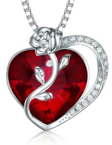 silverkity 925 sterling silver rose flower heart birthstones necklace for women with austria crystal, pendants gifts, anniversary birthday jewelry gift for wife mom daily wear