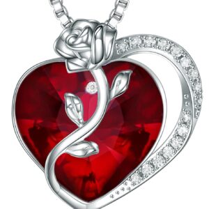 SILVERKITY 925 Sterling Silver Rose Flower Heart Birthstones Necklace for Women with Austria Crystal, Pendants Gifts, Anniversary Birthday Jewelry Gift for Wife Mom Daily Wear