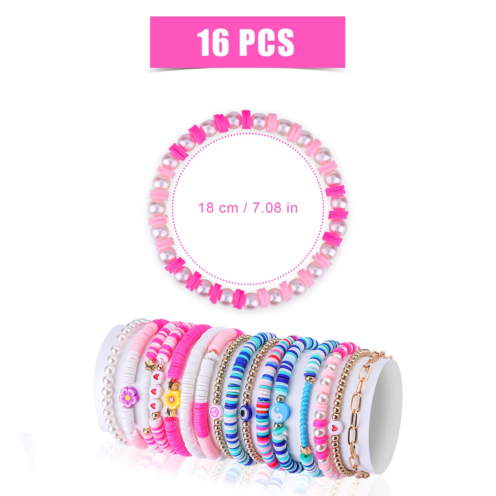 KINBOM 16pcs Preppy Bracelets, Colorful Y2K Heishi Jewelry Girls' Charm Bracelets Aesthetic Boho Beaded Stretch Bracelet Summer Beach Jewelry Stuff for Women