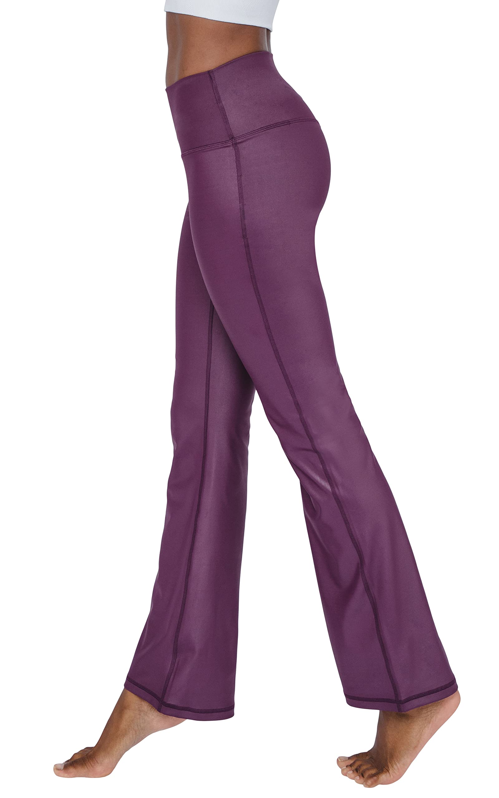 90 Degree By Reflex Faux Leather Flared Leg Yoga Pants - Squat Proof Interlink V-Back Cire Leggings - Potent Purple - Small