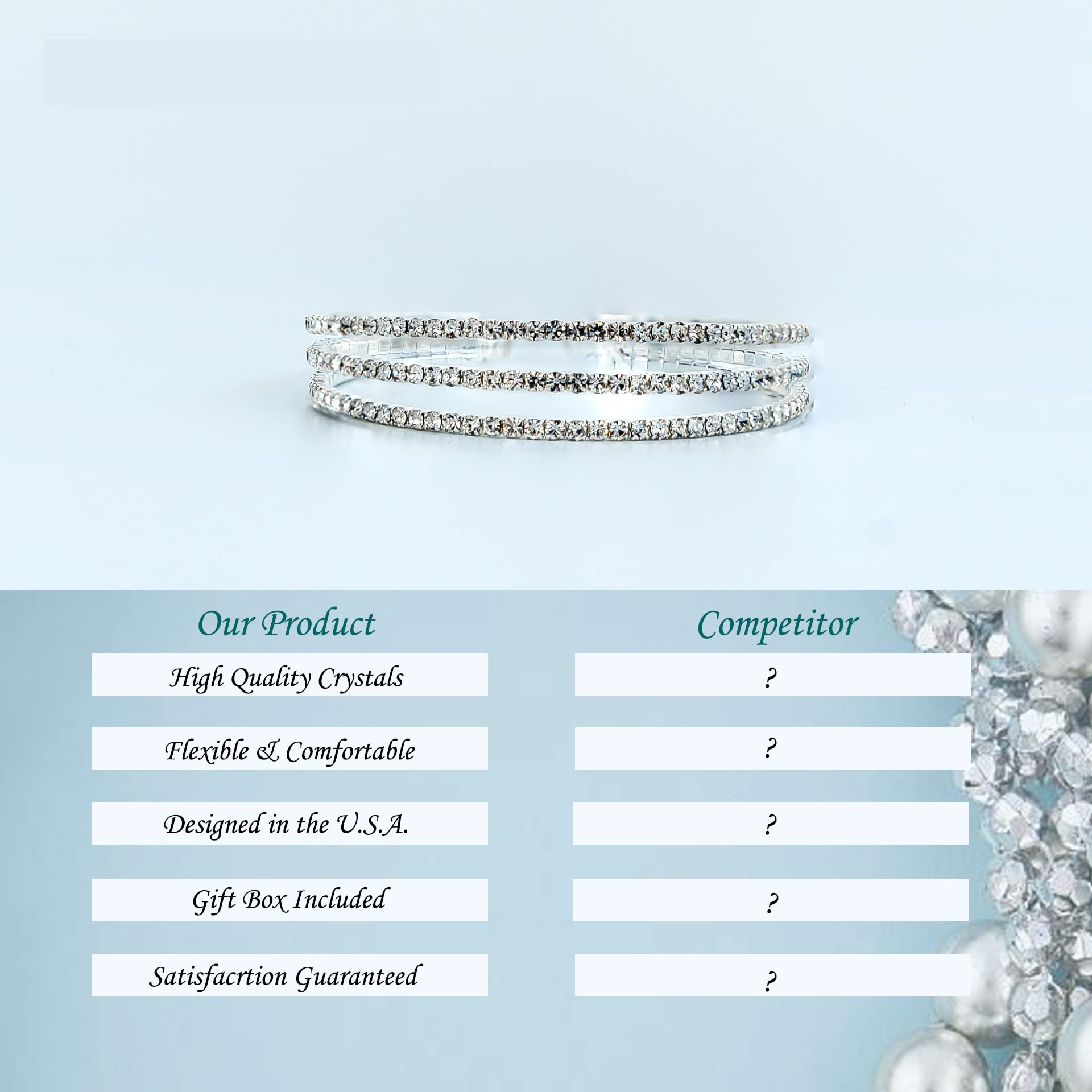 NTLX Crystal Bracelet for Women – Rhinestone Cuff Bracelet – Silver Plated - Flexible & Adjustable – Three Row - Bridal, Wedding, Prom, Party, Pageant, Evening, Casual, Bracelet - with Gift Box