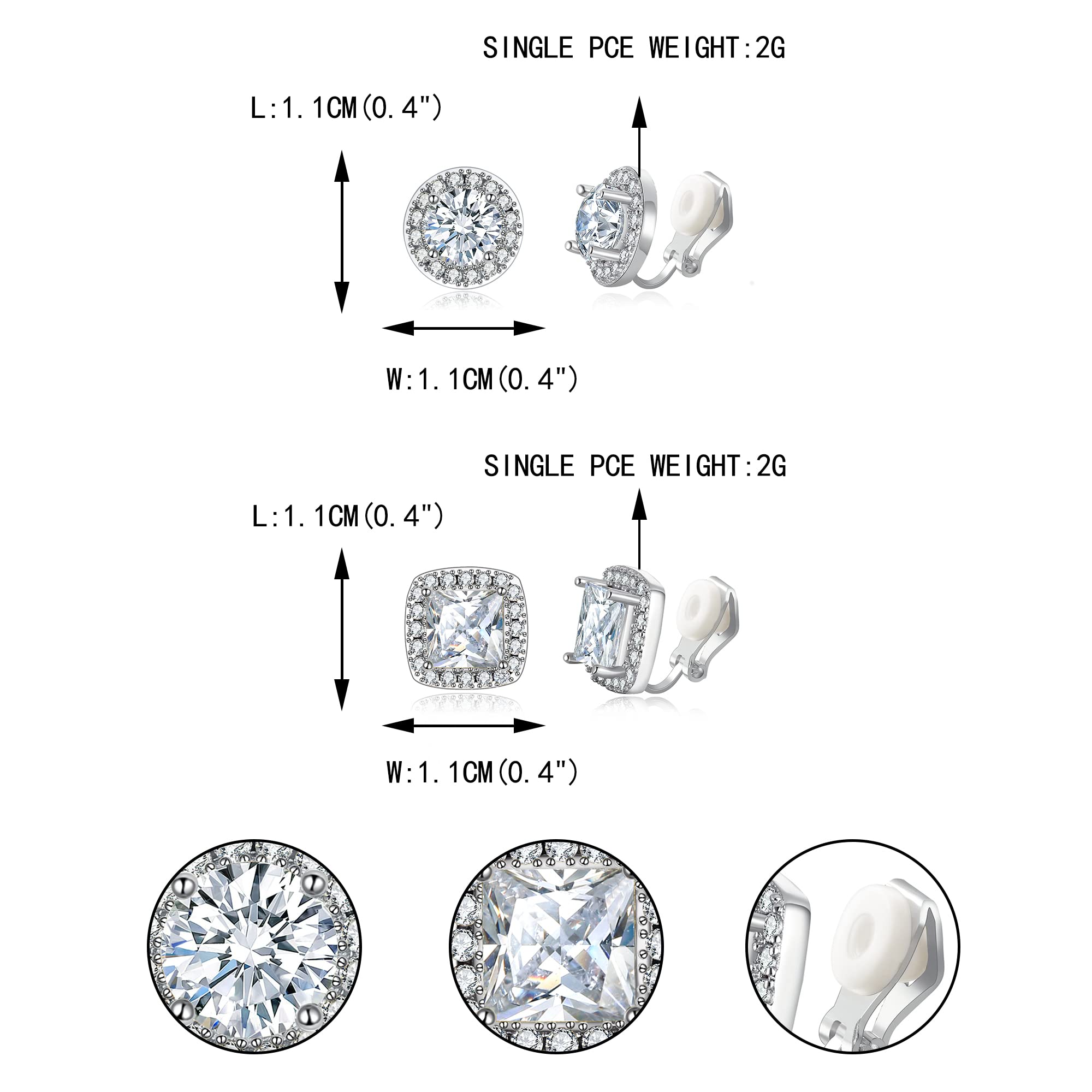 EVER FAITH Wedding Clip-on Earrings White Gold Plated Round Square Cubic Zirconia Bridal Halo Stud Earring Set for Bride,Woman (2 Pairs)