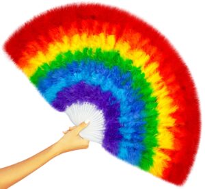 rainbow feather folding hand rave fan 45cm, fancy dress wedding party gift outdoor vintage dance photoshoot pride hand fan gay fan(lgbtq)