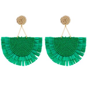 coiris bohemia beaded fringe statement earrings with long dangling tassel raffia earrings for women(er1183-green big)