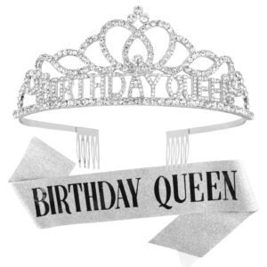 cavetee silver birthday crowns for women birthday queen sash and tiara for women silver birthday party decorations for women birthday sash and crown for women