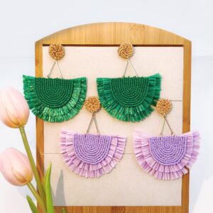 COIRIS Bohemia Beaded Fringe Statement Earrings with Long Dangling Tassel Raffia Earrings for Women(ER1183-Green Big)