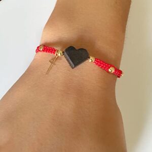 LESLIE BOULES Red Thread Genuine Heart Azabache Bracelet with Tiny Gold Plated Catholic Cross Handmade Jewelry