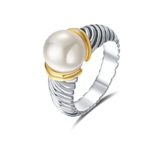 uny jewel designer inspired two tone twisted cable wire ring 10mm cream white imitation pearl women statement dupes jewelry(cream size 9)