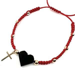 LESLIE BOULES Red Thread Genuine Heart Azabache Bracelet with Tiny Gold Plated Catholic Cross Handmade Jewelry