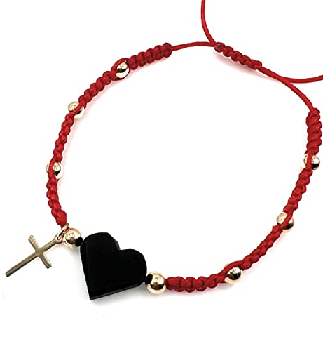 LESLIE BOULES Red Thread Genuine Heart Azabache Bracelet with Tiny Gold Plated Catholic Cross Handmade Jewelry