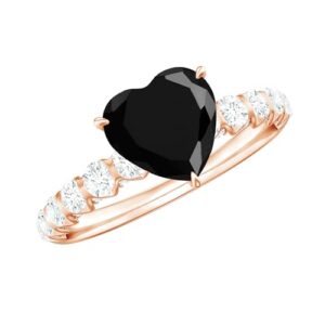 natural black spinel 7mm heart shaped engagement ring, aaa quality, black spinel diamond solitaire ring, 14k rose gold, size:us 8.50