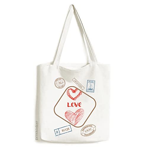 Love You Heart Red Quote Handwrite Stamp Shopping Ecofriendly Storage Canvas Tote Bag