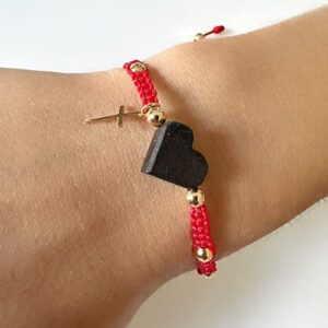 LESLIE BOULES Red Thread Genuine Heart Azabache Bracelet with Tiny Gold Plated Catholic Cross Handmade Jewelry