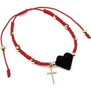 LESLIE BOULES Red Thread Genuine Heart Azabache Bracelet with Tiny Gold Plated Catholic Cross Handmade Jewelry