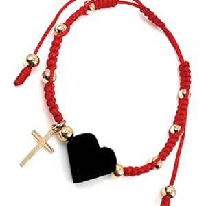 LESLIE BOULES Red Thread Genuine Heart Azabache Bracelet with Tiny Gold Plated Catholic Cross Handmade Jewelry