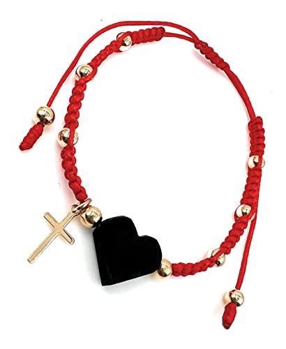 LESLIE BOULES Red Thread Genuine Heart Azabache Bracelet with Tiny Gold Plated Catholic Cross Handmade Jewelry