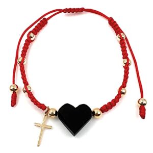 LESLIE BOULES Red Thread Genuine Heart Azabache Bracelet with Tiny Gold Plated Catholic Cross Handmade Jewelry