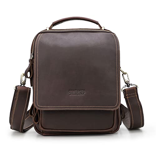 Contacts Messenger Bag for Men, Genuine Leather Crossbody Shoulder Sling Bag Mens 10.5" iPad Bag College School Travel Handbag(Coffee)