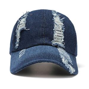 Vintage Distressed Jean Hat, Light Acid Washed Denim, Adjustable Clip for Universal Fit (Blue)