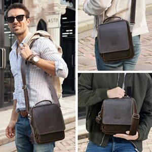 Contacts Messenger Bag for Men, Genuine Leather Crossbody Shoulder Sling Bag Mens 10.5" iPad Bag College School Travel Handbag(Coffee)