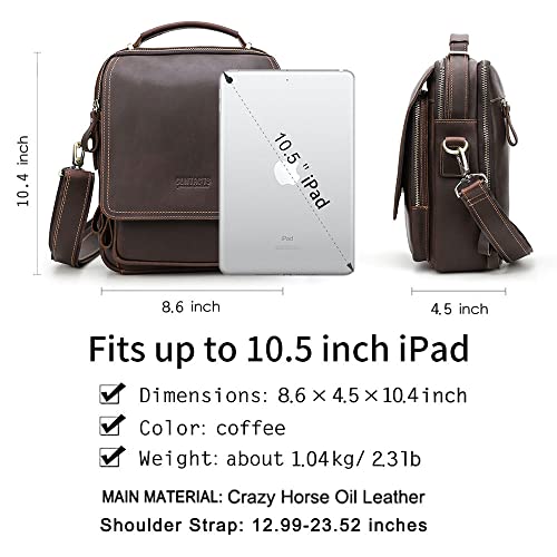 Contacts Messenger Bag for Men, Genuine Leather Crossbody Shoulder Sling Bag Mens 10.5" iPad Bag College School Travel Handbag(Coffee)