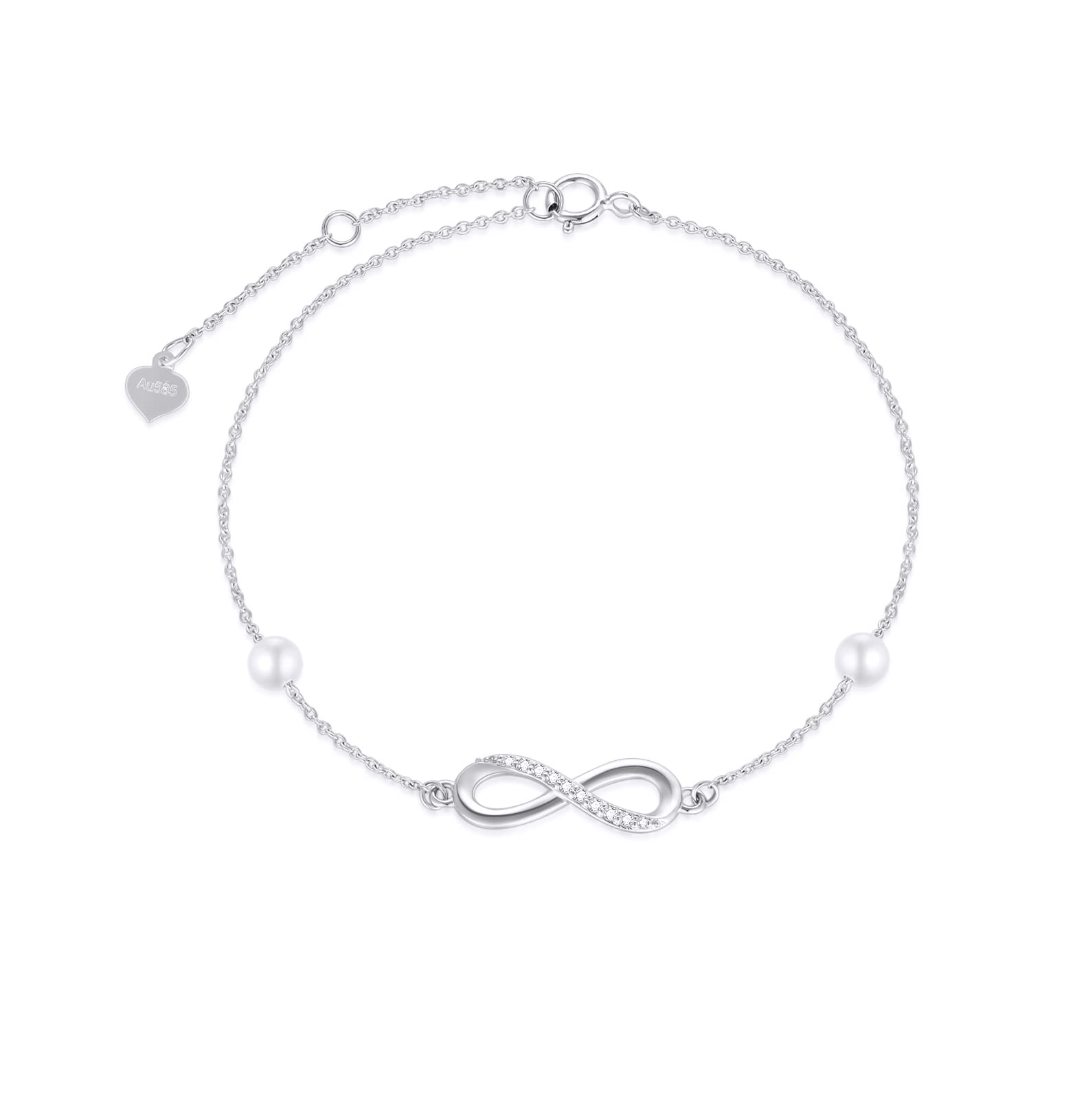 14k White Gold Natural Diamond Infinity Anklets for Women, Real Gold Pearl Jewelry Ankle Bracelet Gifts for Her, 9.4-11 Inch