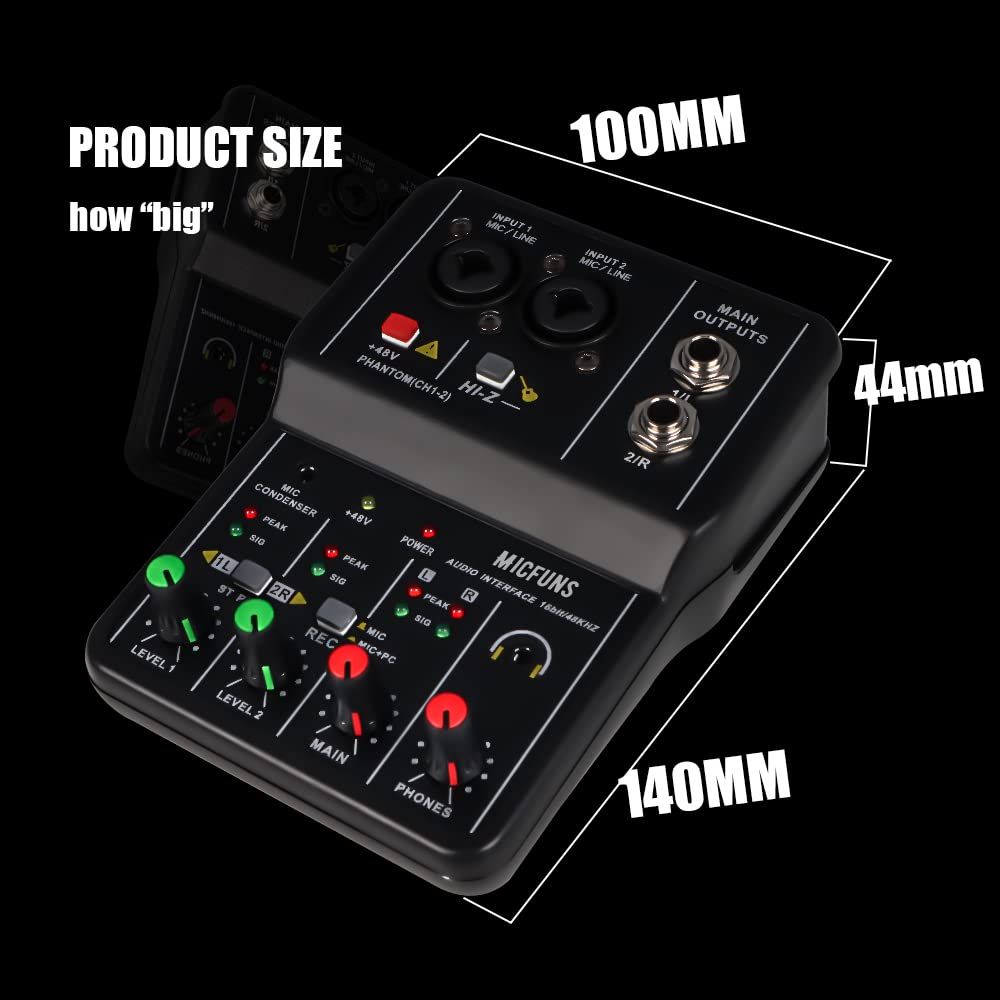 Mini 2 channel audio DJ mixer console interface with 48V phantom power Combo Jack Microphone/Guitar XLR+6.35mm, 3.5mm Stereo in, Headphone Jack for studio live show,party recording